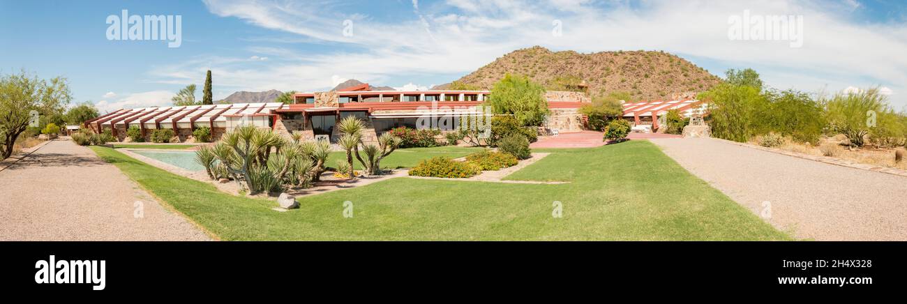 wide angle panorama of Taliesin West architect Frank Lloyd Wright's winter home and school in ...