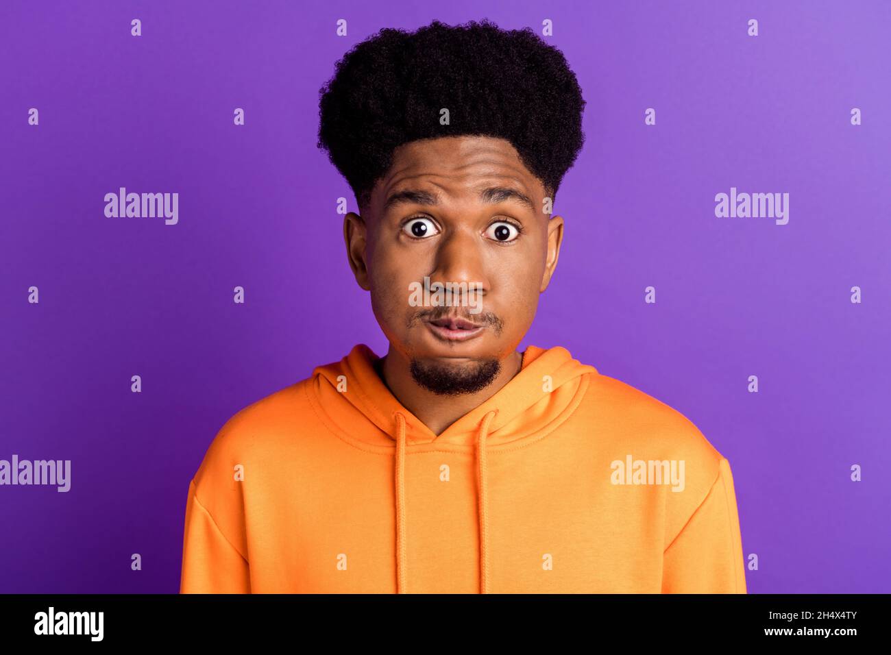 Photo of young funky positive dark skin man face hold breath cheeks ...