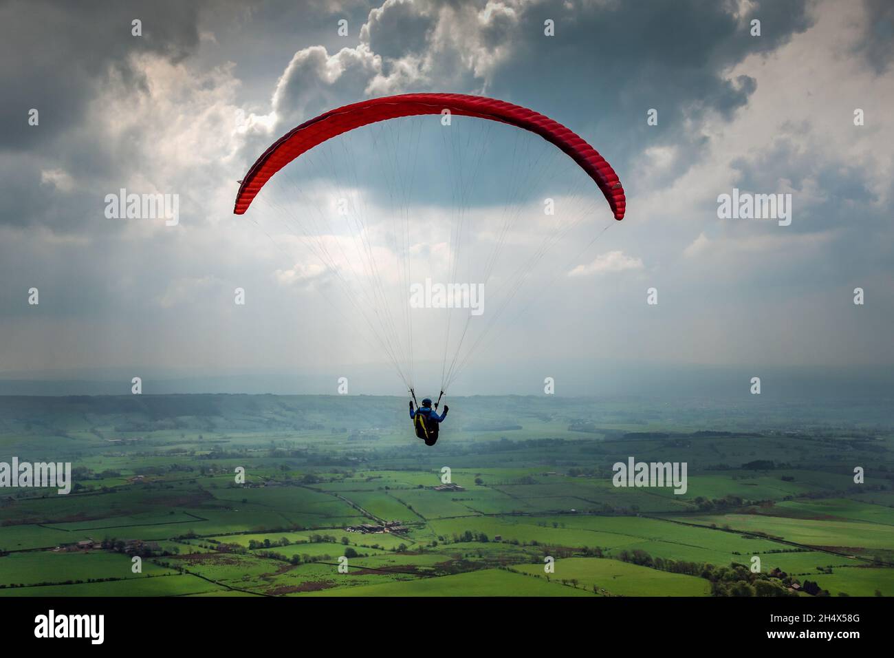 Paraglider over rural scene in The Forest of Bowland in lancashire ...