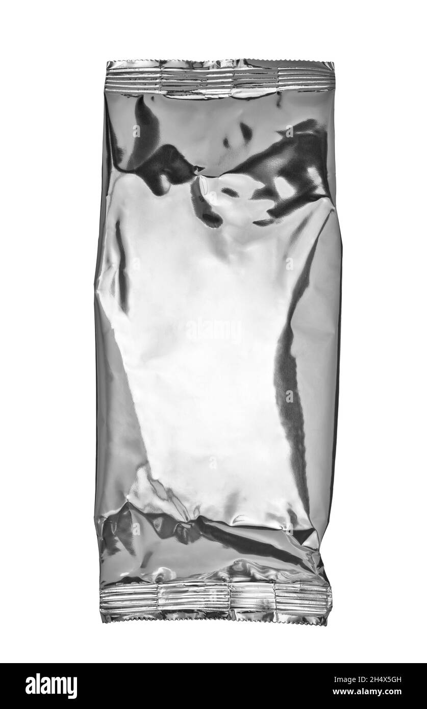 white silver aluminum paper bag package food template box background ...