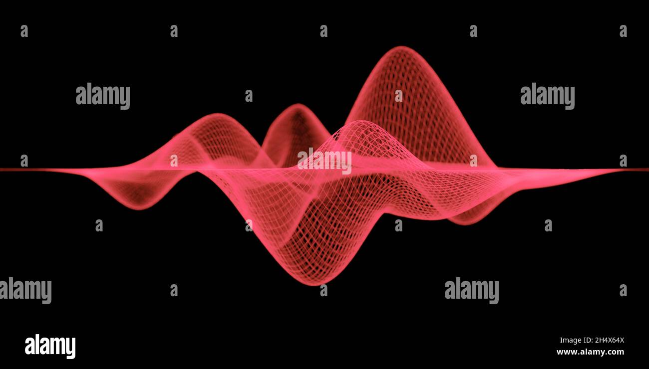 Red Wireframe Wave Structure Or Abstract Visualization Of Audio Sound Waves Against Black
