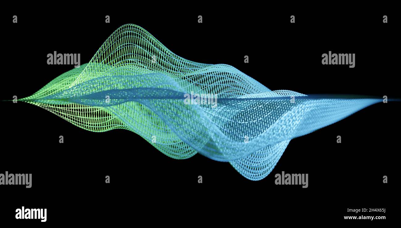 Green And Blue Wireframe Wave Structure Or Abstract Visualization Of Audio Sound Waves Against