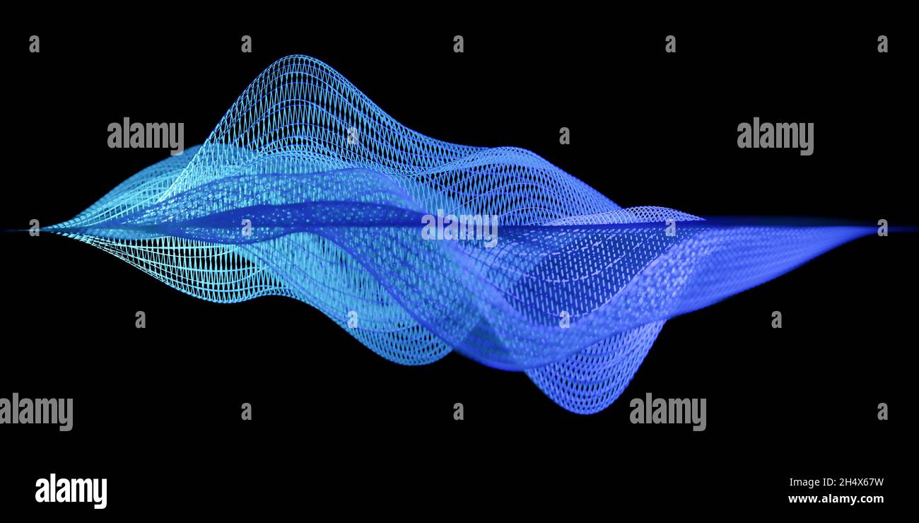 Blue Wireframe Wave Structure Or Abstract Visualization Of Audio Sound Waves Against Black