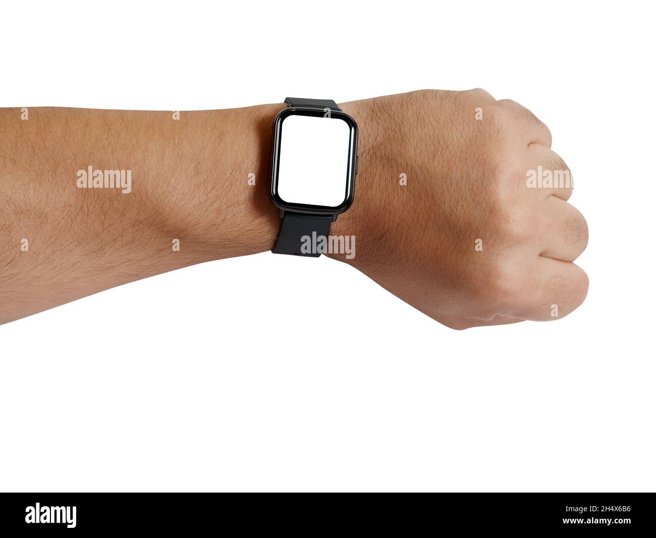 male arm wearing and showing smartwatch with blank screen isolated on ...