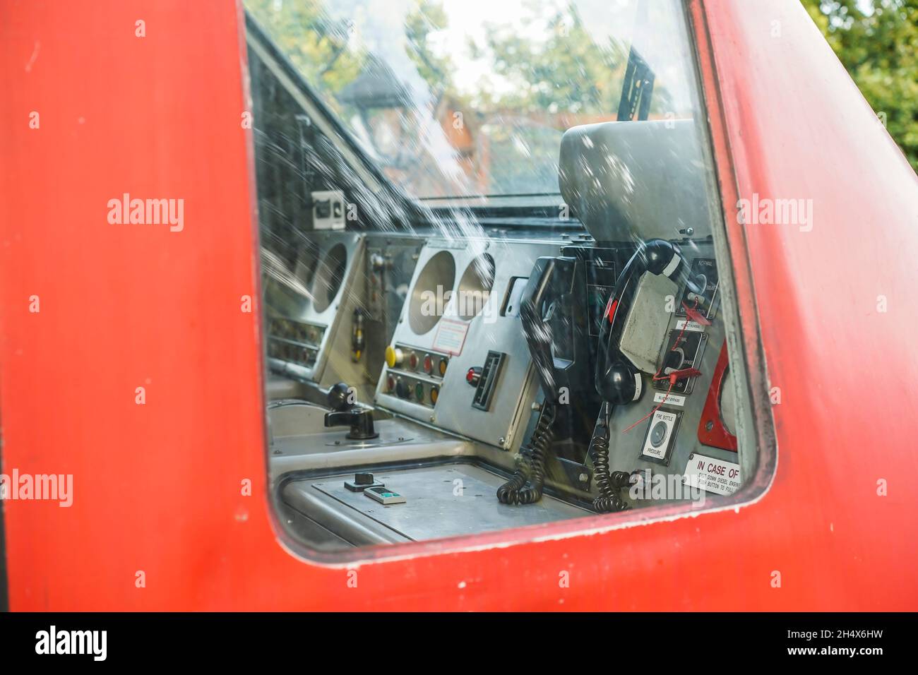 British trains: view inside the driver cab of a diesel locomotive Stock ...