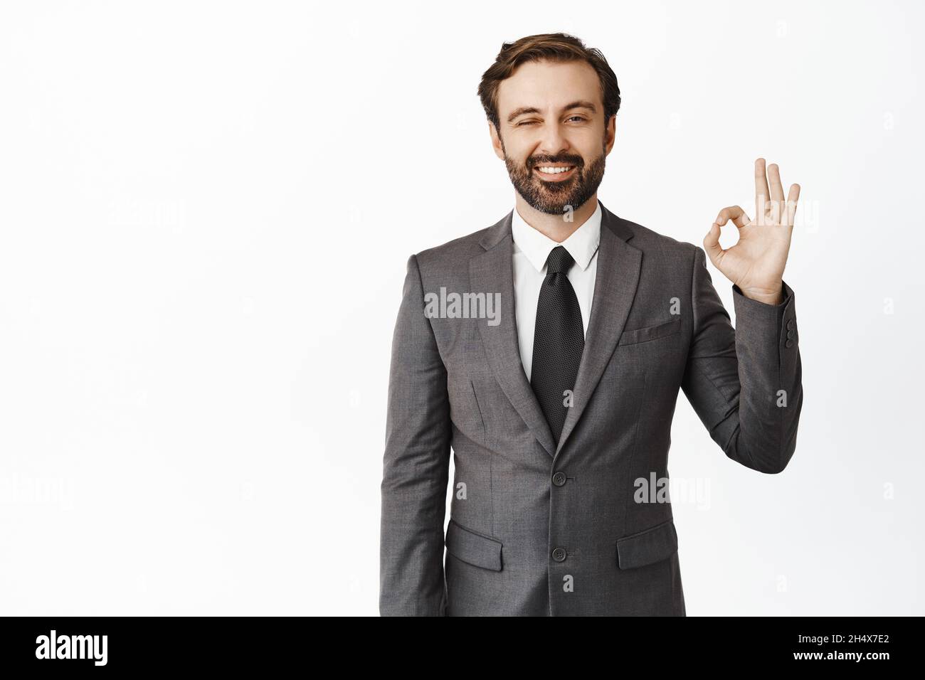 Business people. Successful businessman showing ok, okay sign, winking ...