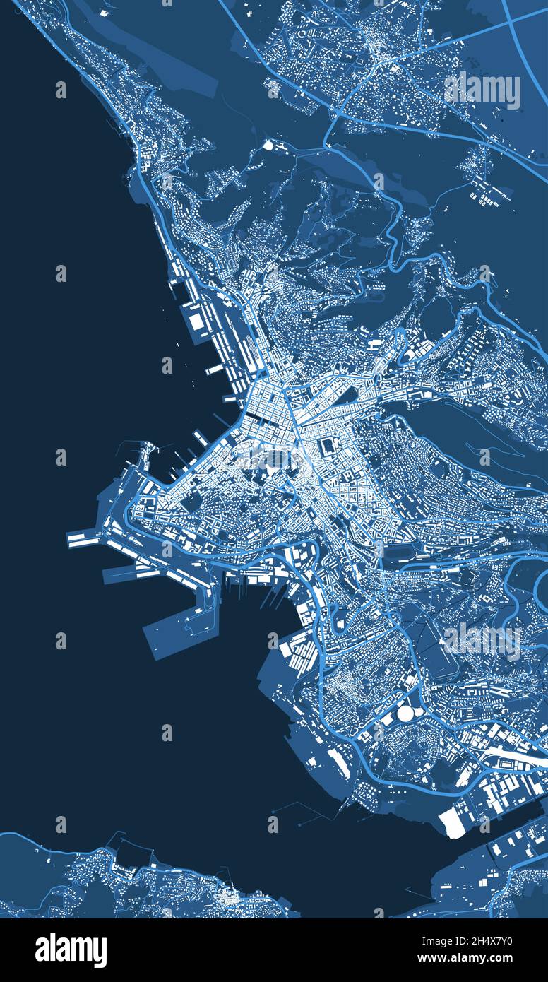 Detailed blue vector map poster of Trieste city administrative area ...