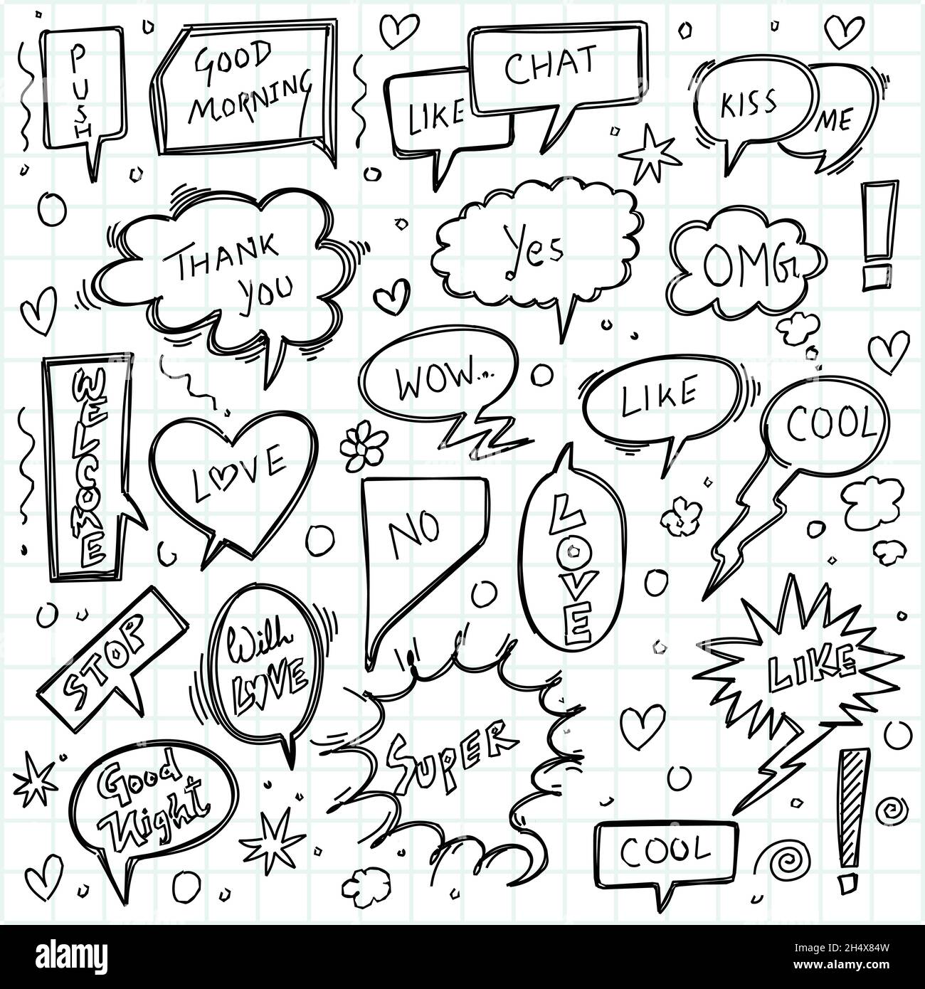 Hand drawn comic speech bubbles with popular message sketch design ...