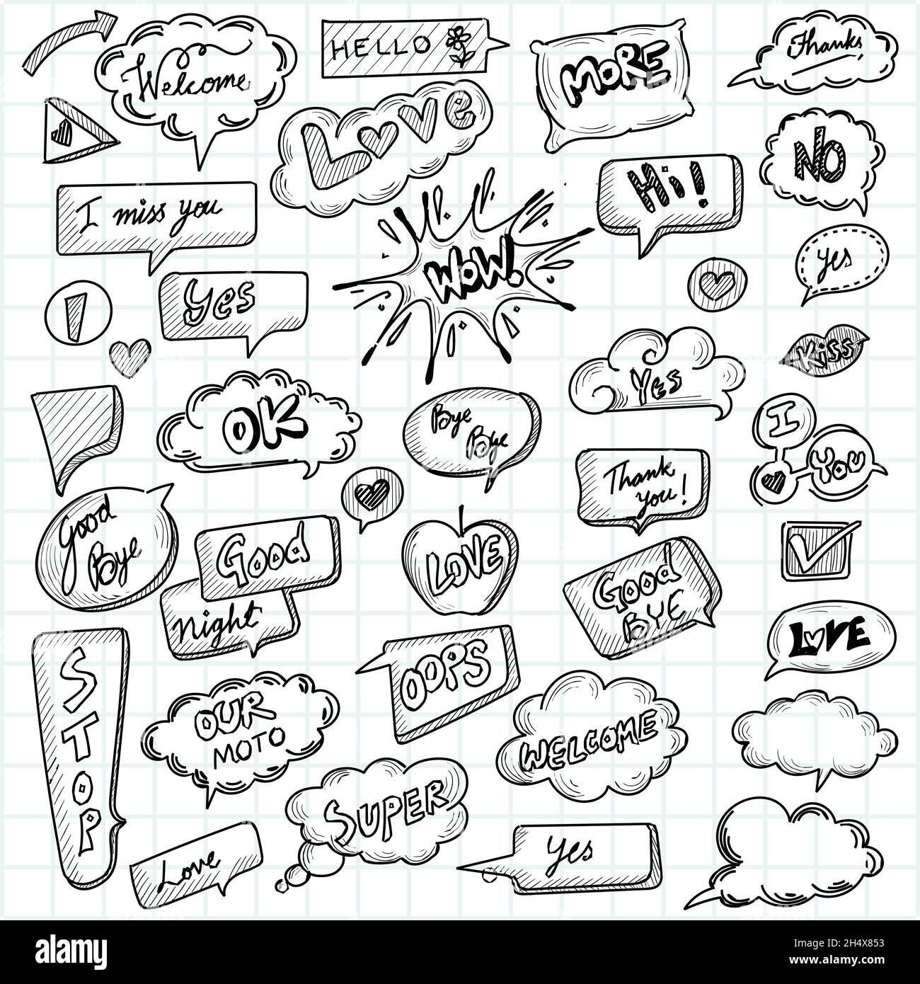 Hand drawn comic speech bubbles with popular message sketch design ...