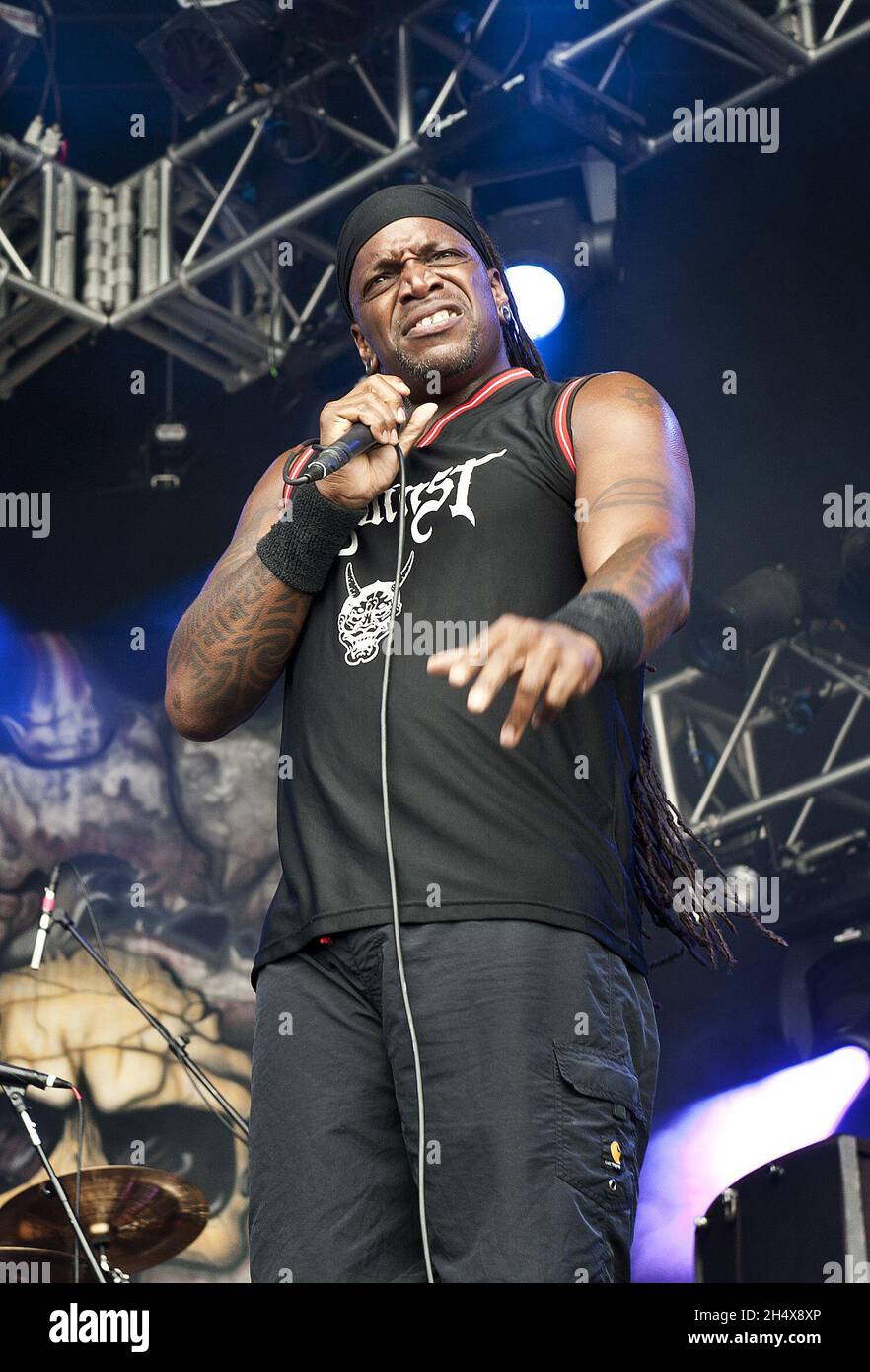 Derrick Green of Sepultura live in concert at Bloodstock Festival 2012 ...
