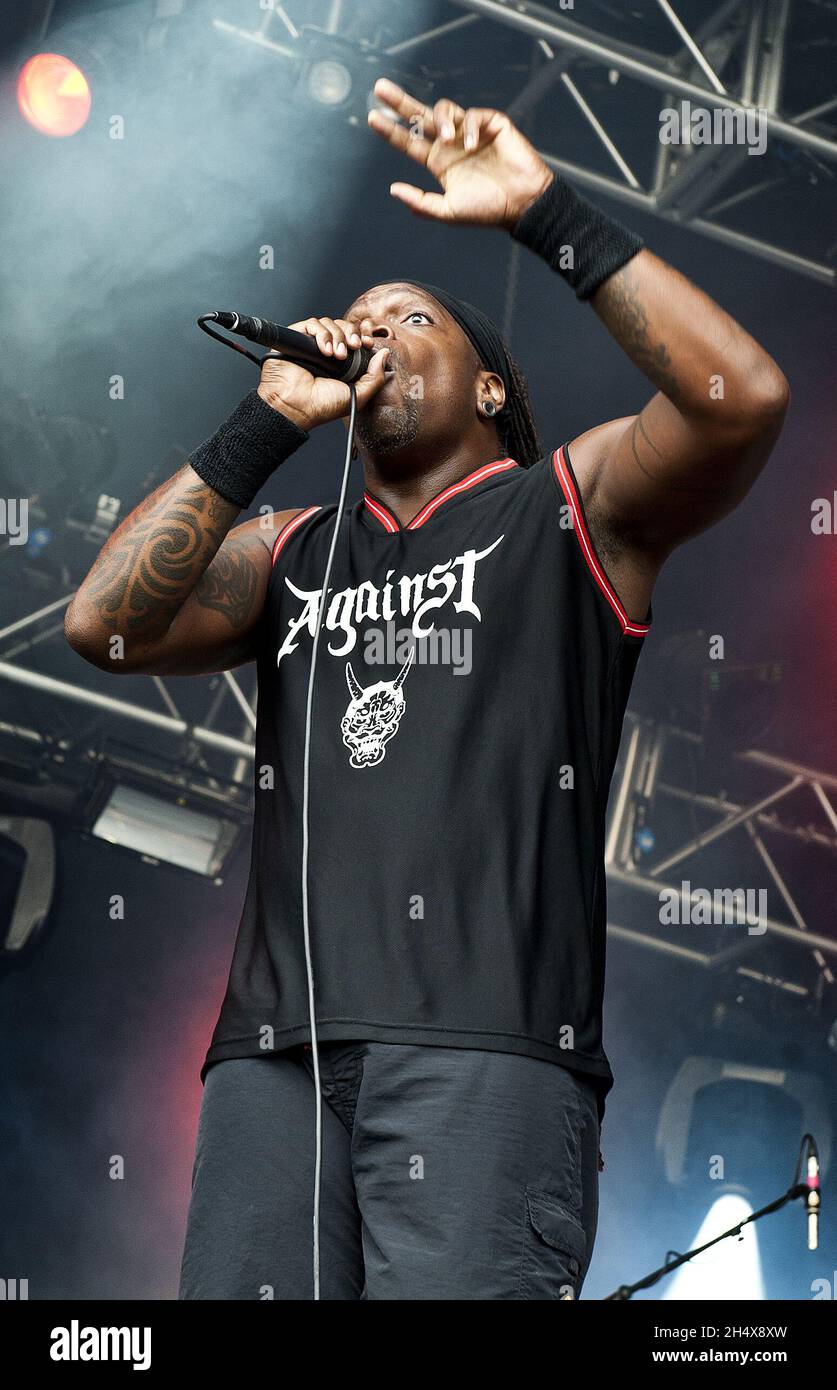 Derrick Green of Sepultura live in concert at Bloodstock Festival 2012 ...