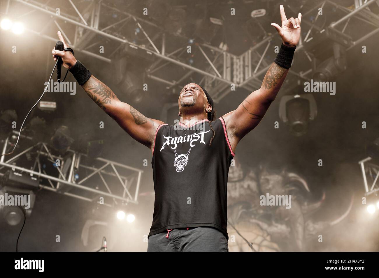 Derrick Green of Sepultura live in concert at Bloodstock Festival 2012 ...