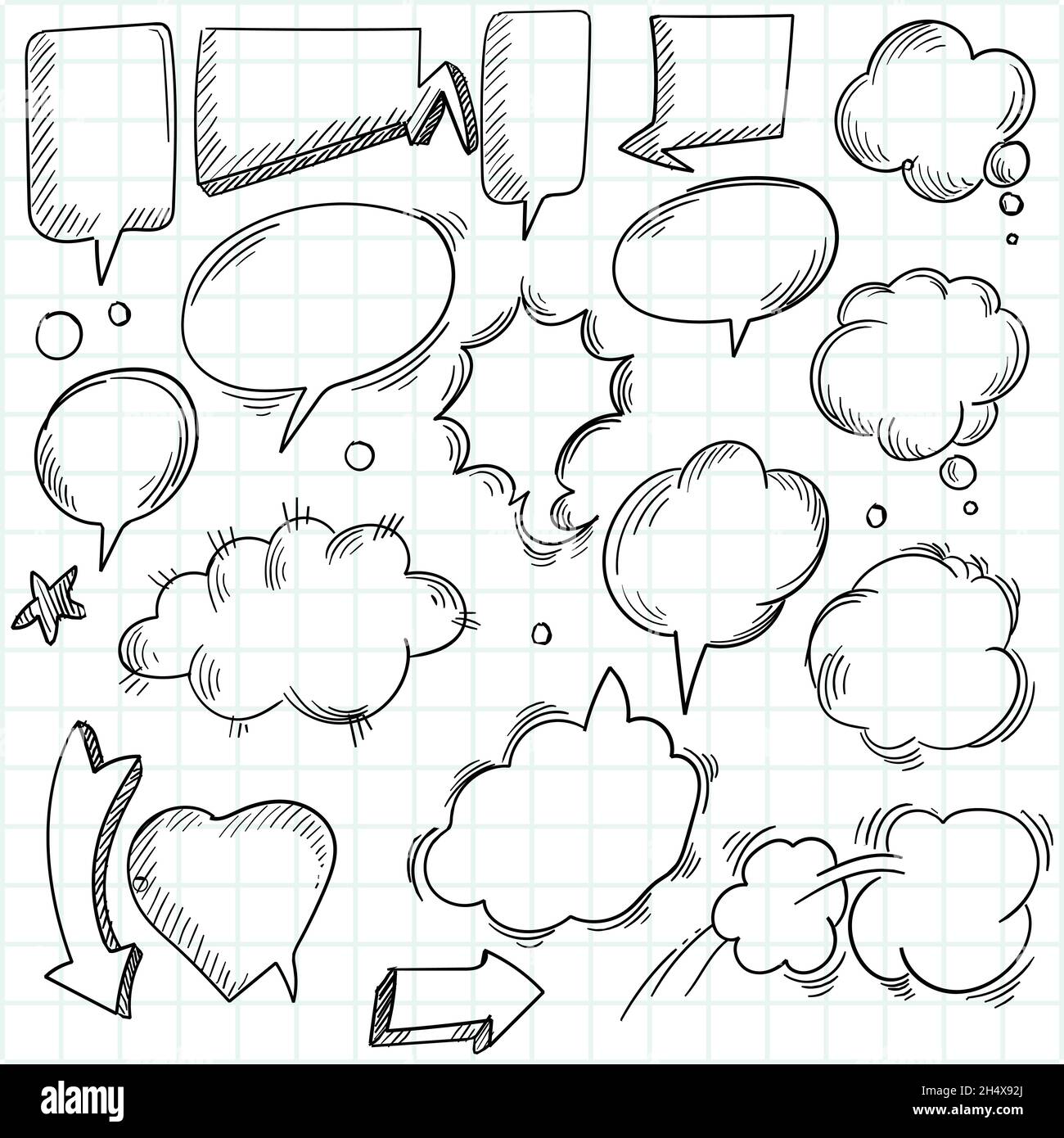 A set of comic speech bubbles and elements hand draw sketch design ...