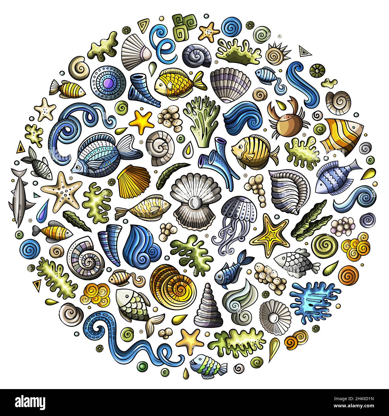 Colorful vector hand drawn set of Sealife cartoon doodle objects ...