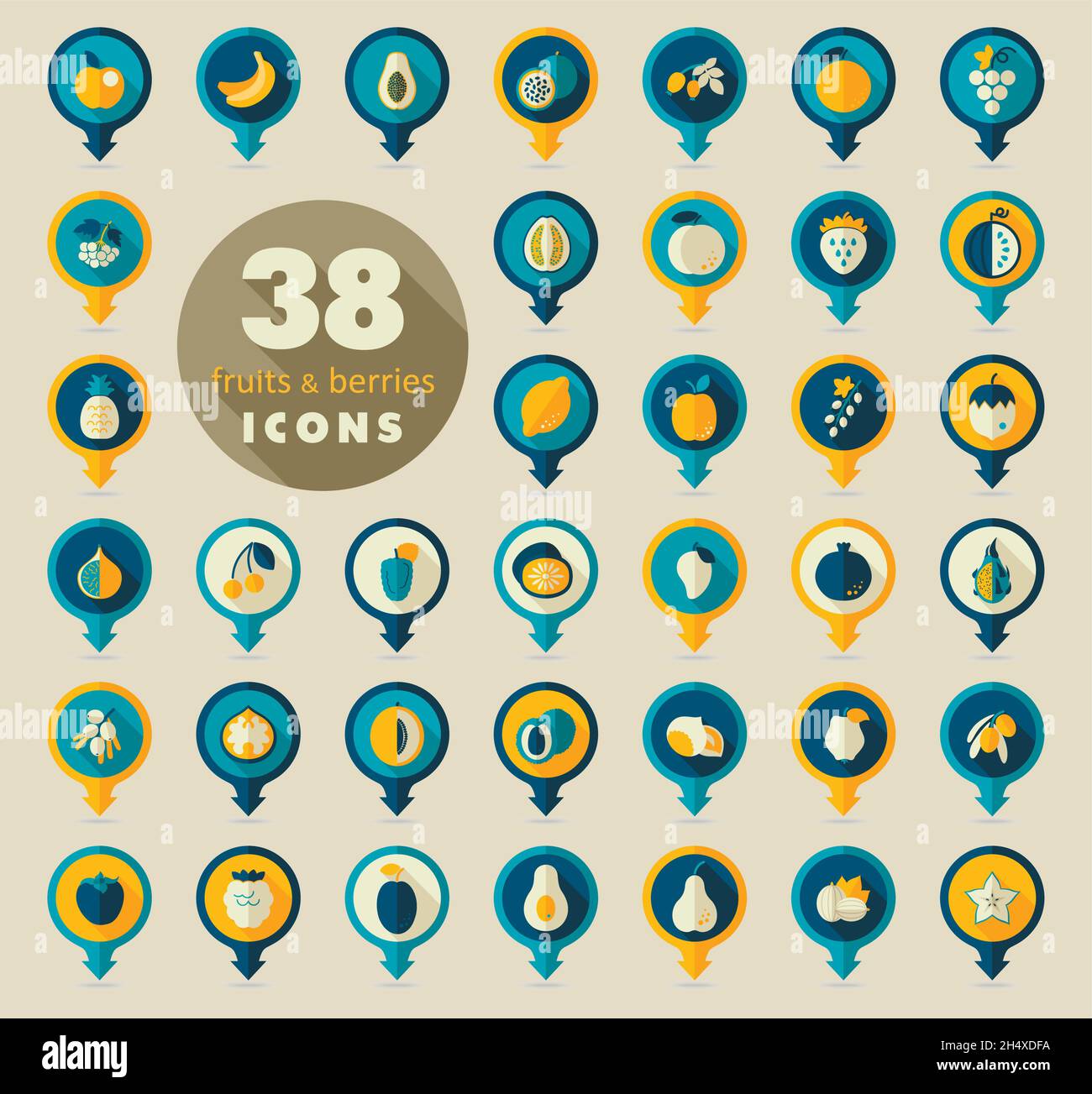 Set of Fruits and Berries pin map icon. Map pointer. Map markers ...