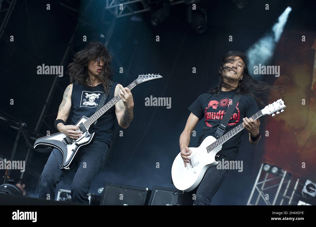 Rob Cavestany and Ted Aguilar of Death Angel perform on stage on Day 2 ...
