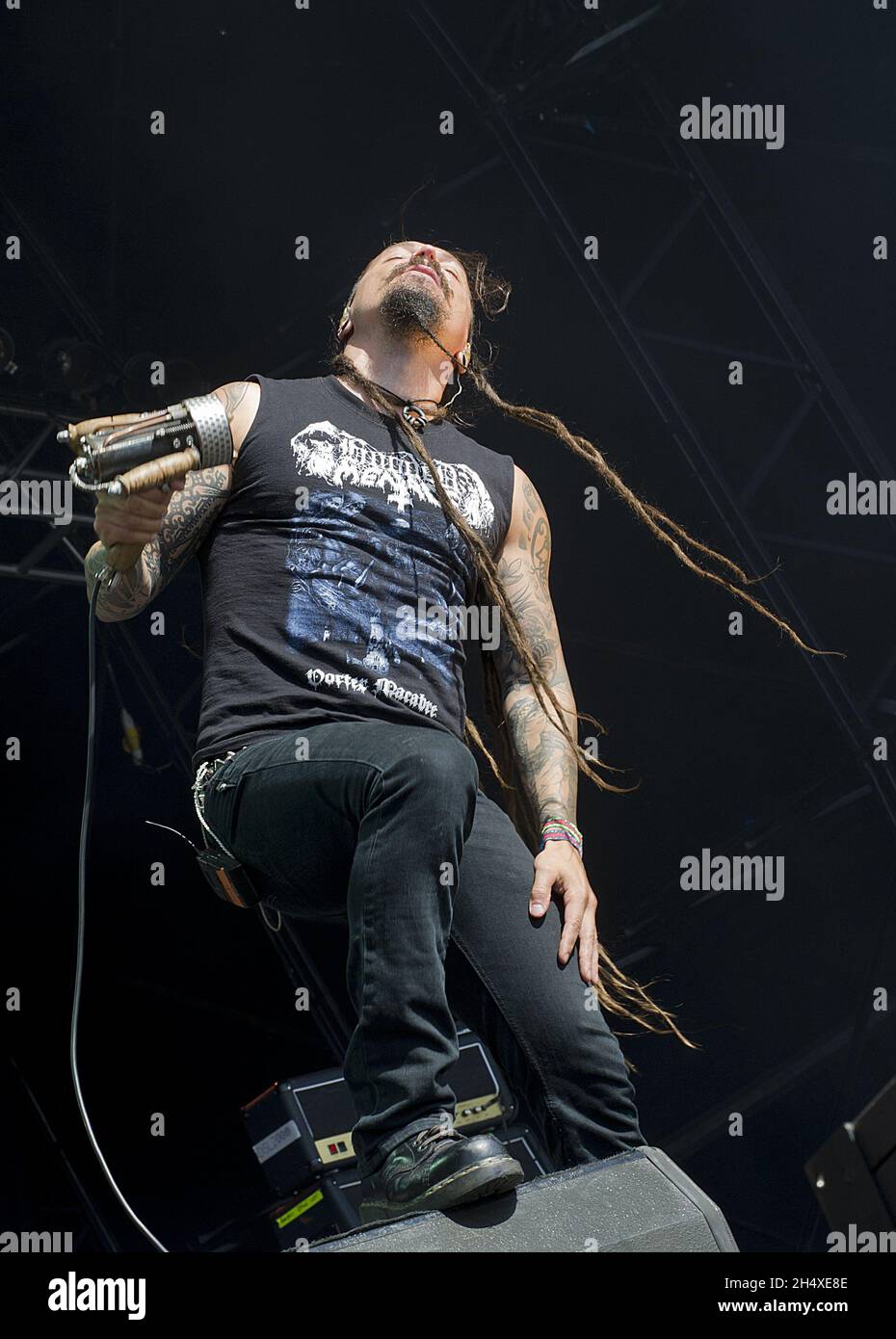 Tomi Joutsen of Amorphis performs on stage on Day 3 at Bloodstock Open ...