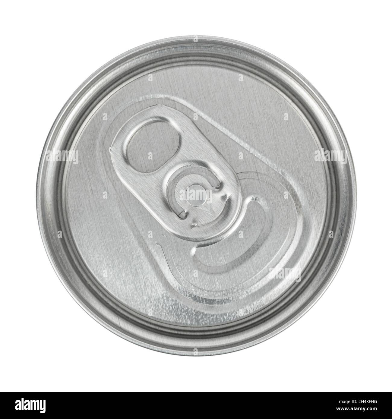 Top view of aluminum can, isolated on white. Closeup shot of the top of ...