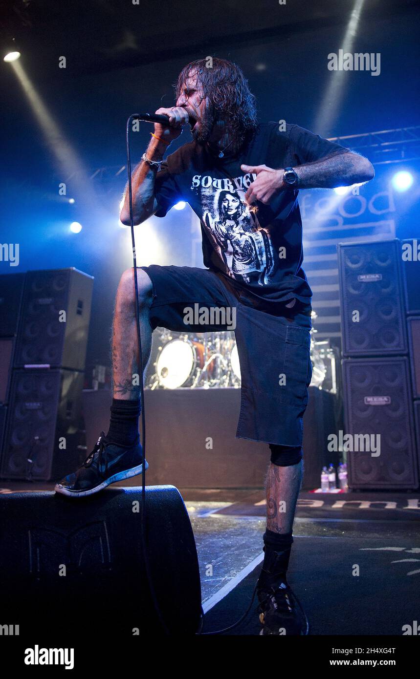 Randy Blythe of Lamb Of God performing live on stage at the 02 Academy ...