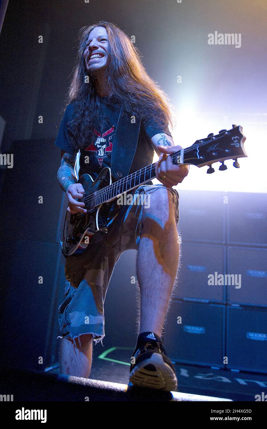 Mark Morton of Lamb Of God performing live on stage at the 02 Academy ...
