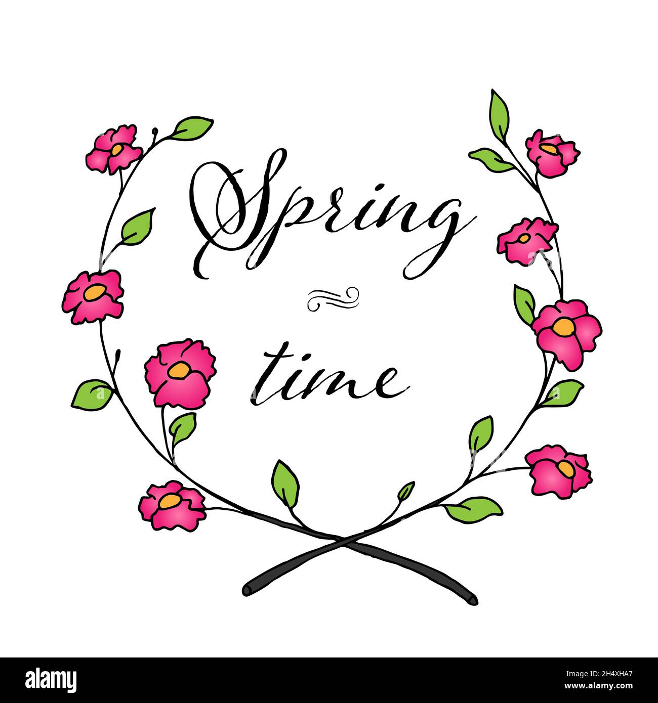 Wreath from branches with flowers on a white background, spring time ...