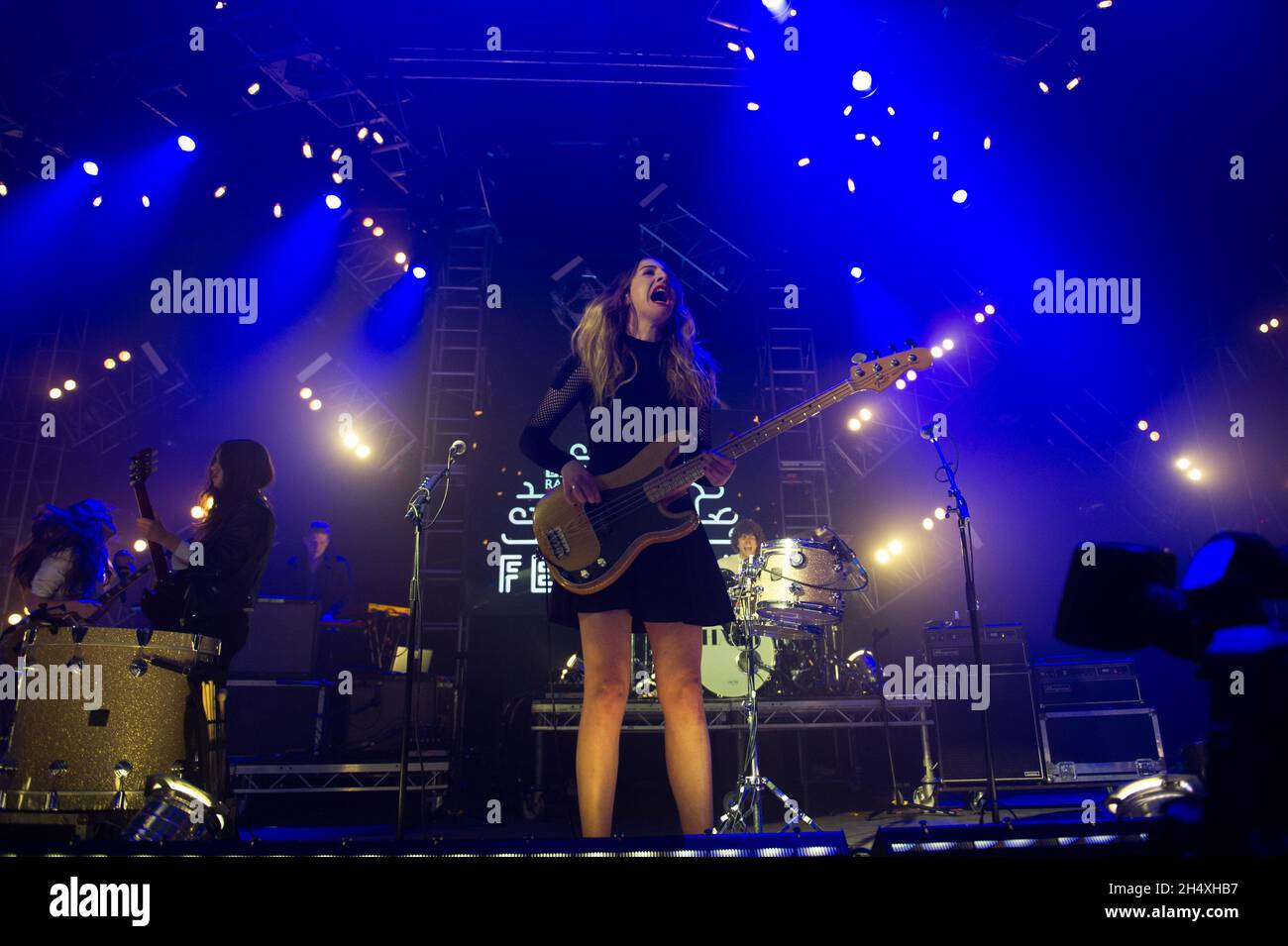 Haim performing live on stage during the BBC 6Music Festival in ...