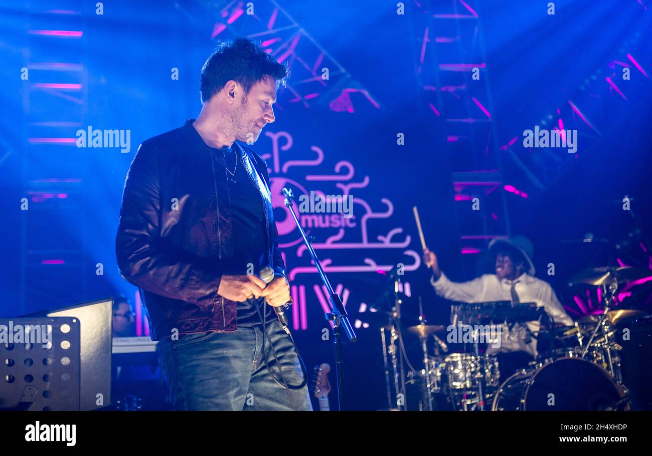 Damon Albarn performing live on stage during the BBC 6Music Festival at ...