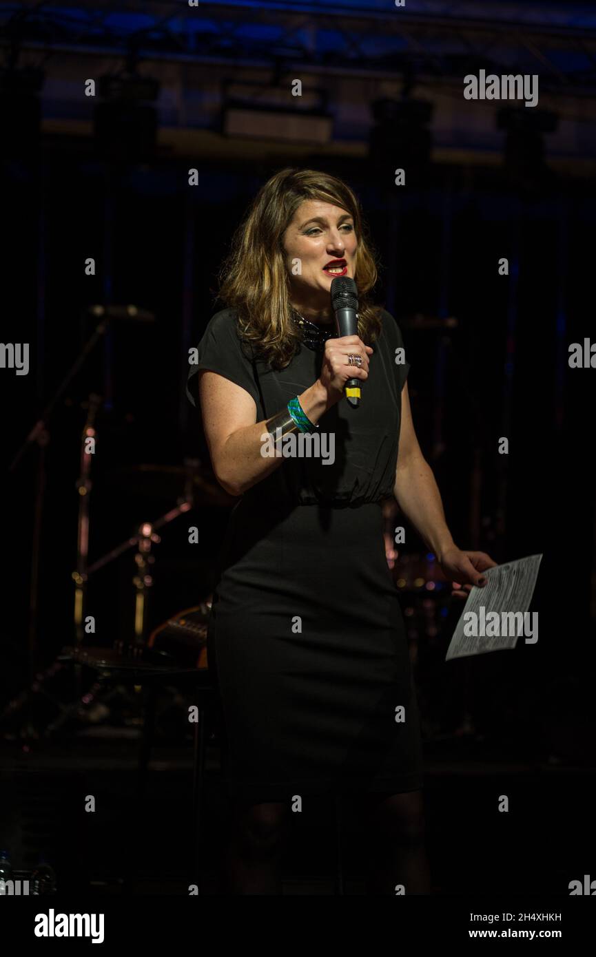 BBC Radio 6 presenter introduing performance on stage 2 during 6 Music ...