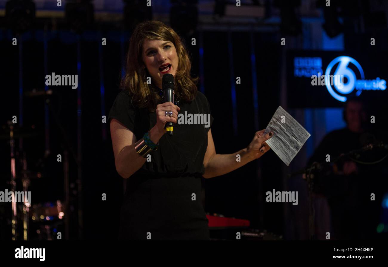BBC Radio 6 presenter introduing performance on stage 2 during 6 Music ...