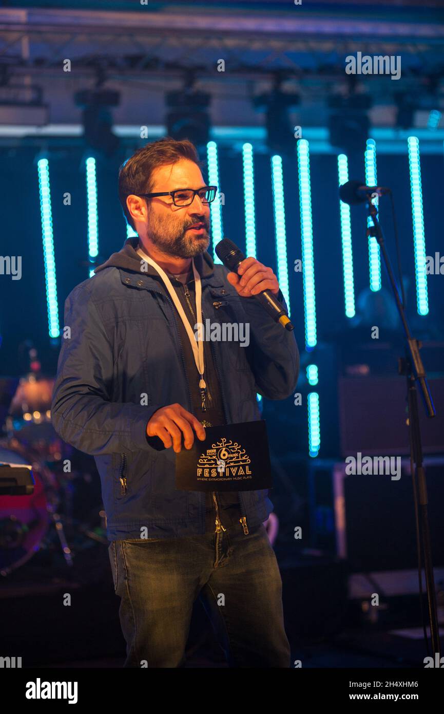 BBC Radio 6 presenter introduing performance on stage 2 during 6 Music ...