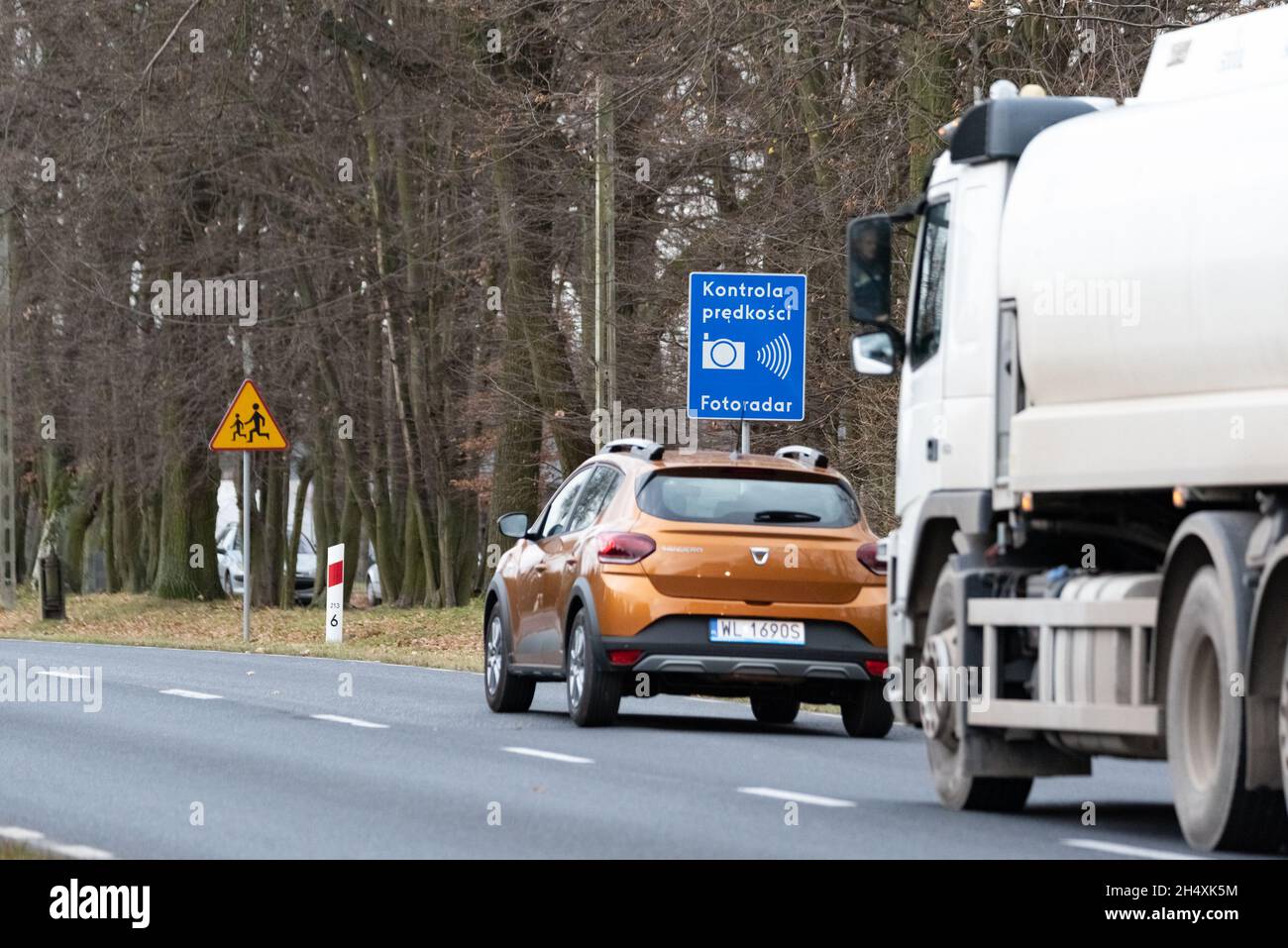 Szadki, Poland - November 5, 2021: Speed camera at the pedestrian ...