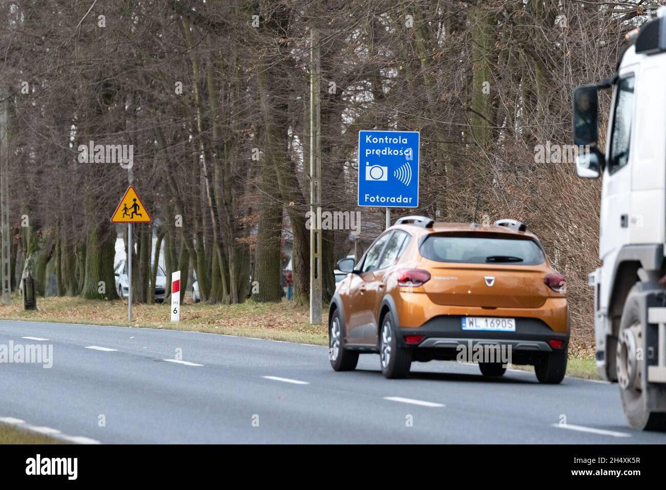 Szadki, Poland - November 5, 2021: Speed camera at the pedestrian ...