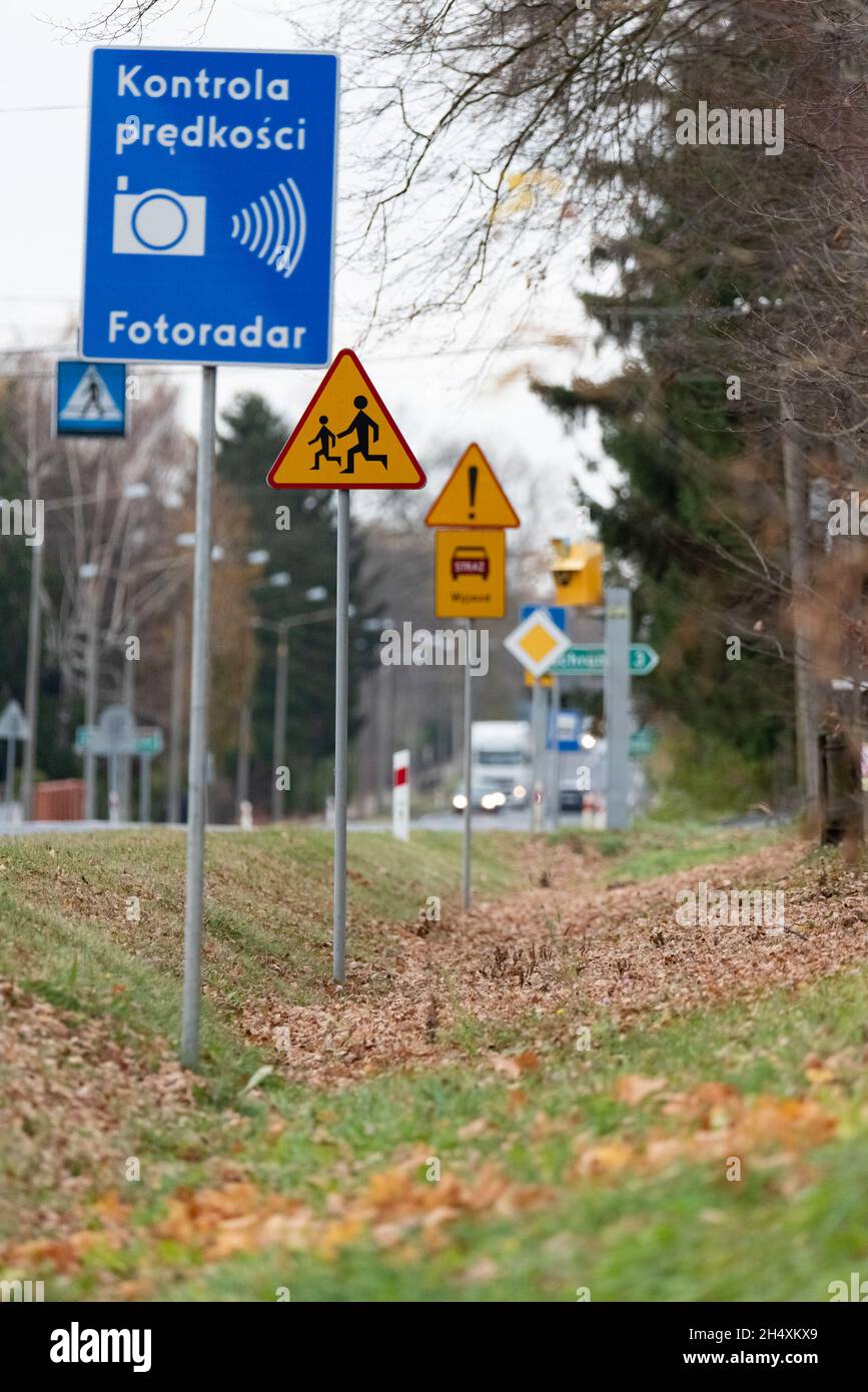 Szadki, Poland - November 5, 2021: Speed camera at the pedestrian ...