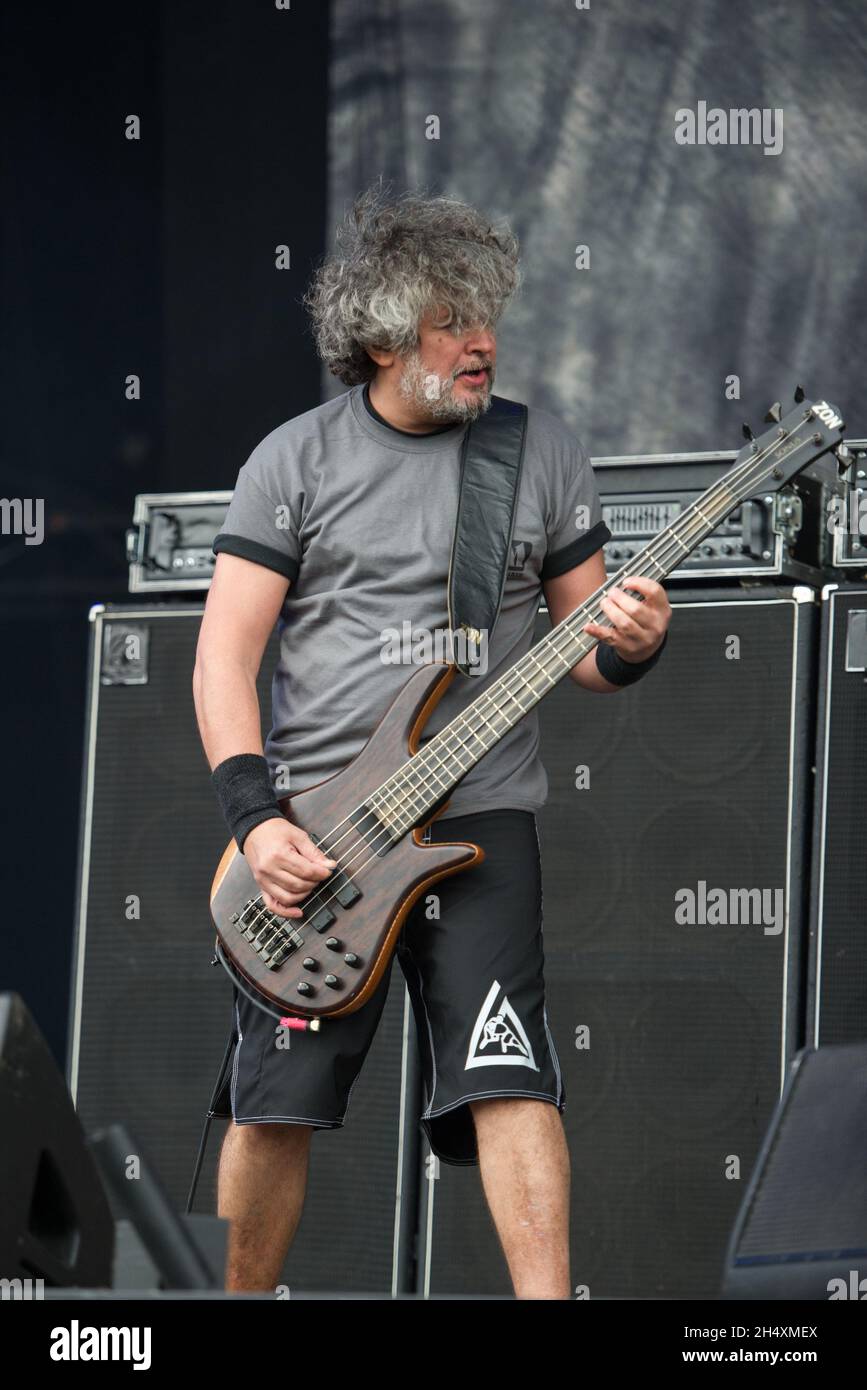 Derrick Green of Sepultura live on stage on day 3 at Download Festival ...