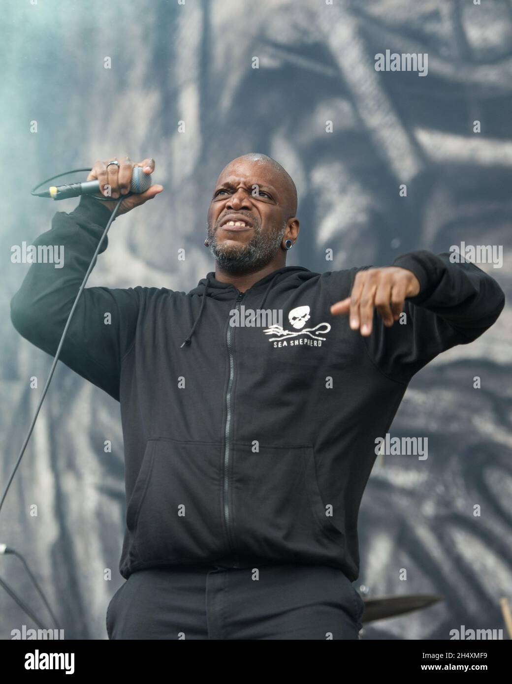 Derrick Green of Sepultura live on stage on day 3 at Download Festival ...