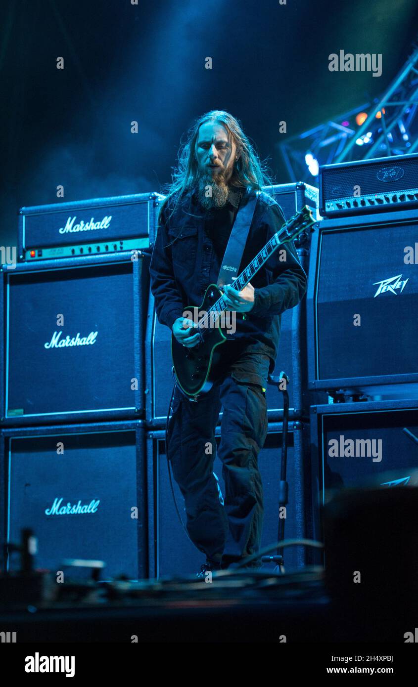 Tomas "Samoth" Haugen of Emperor live on stage on day 2 of Bloodstock ...