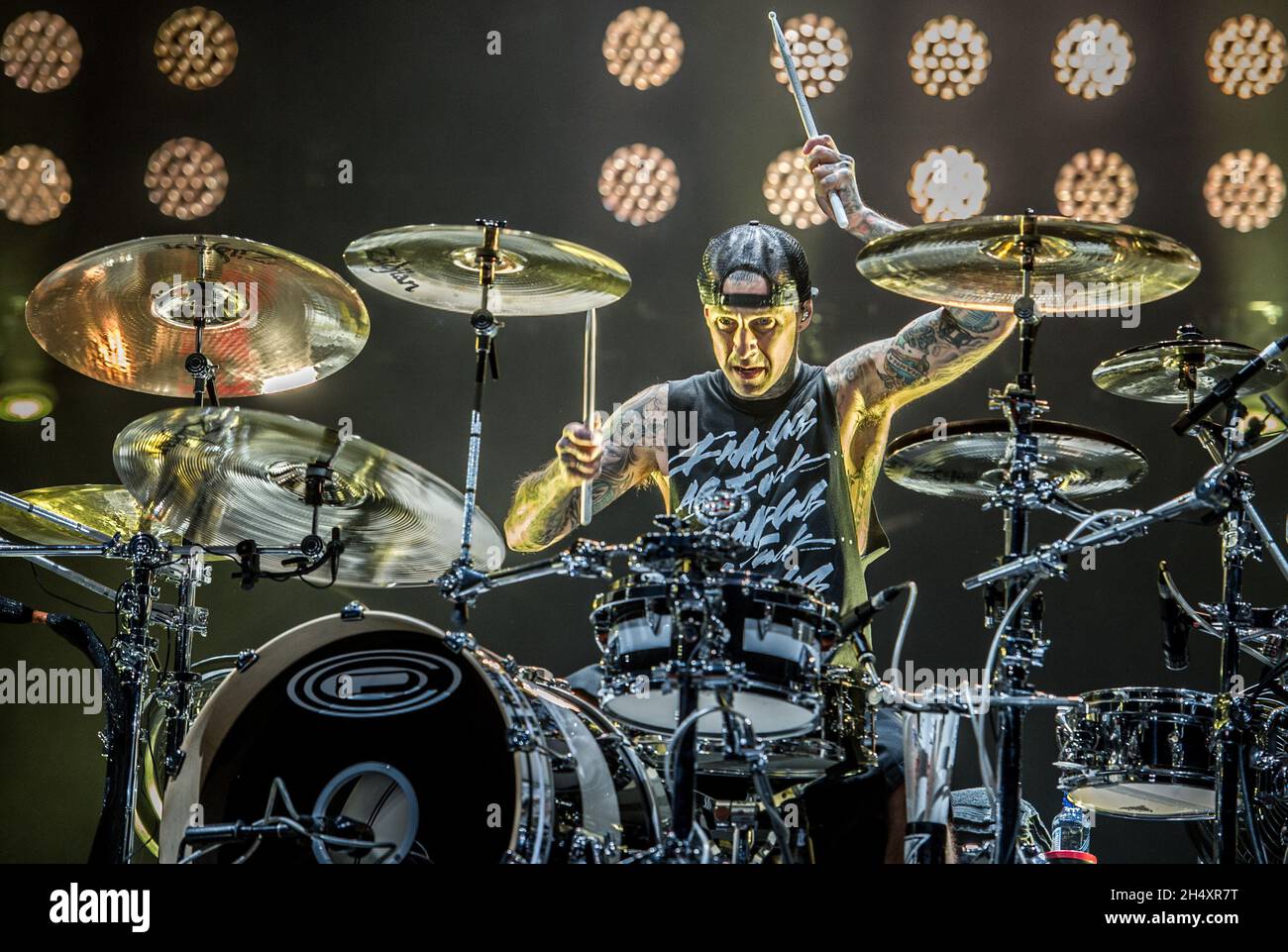 Travis Barker of Blink 182 live on stage on day 1 at Leeds Festival on ...