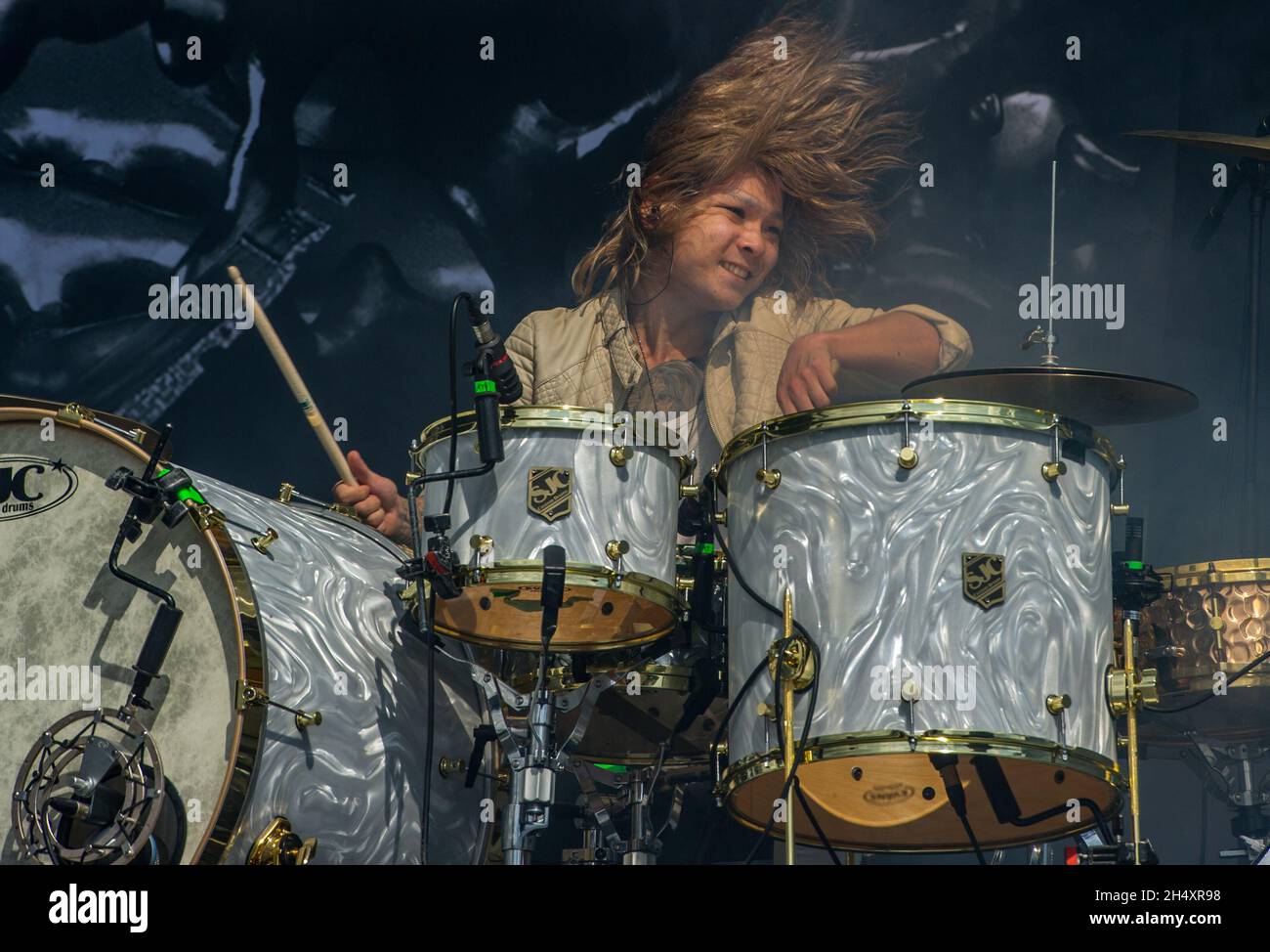 Amano Tatsuya of Crossfaith live on stage on day 2 at Leeds Festival on ...
