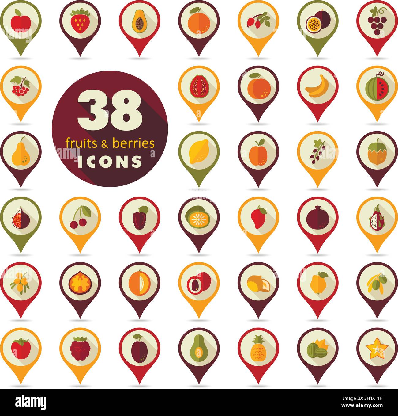 Set of Fruits and Berries pin map icon. Map pointer. Map markers ...