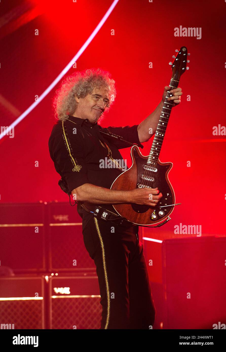 Brian May of Queen live on stage at the Barclaycard Arena on January 23 ...