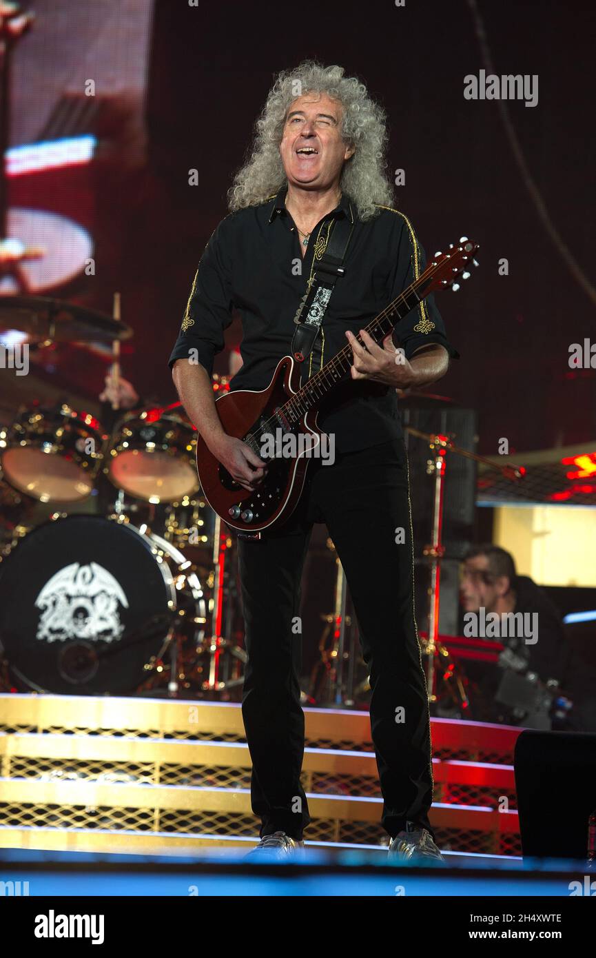 Brian May of Queen live on stage at the Barclaycard Arena on January 23 ...