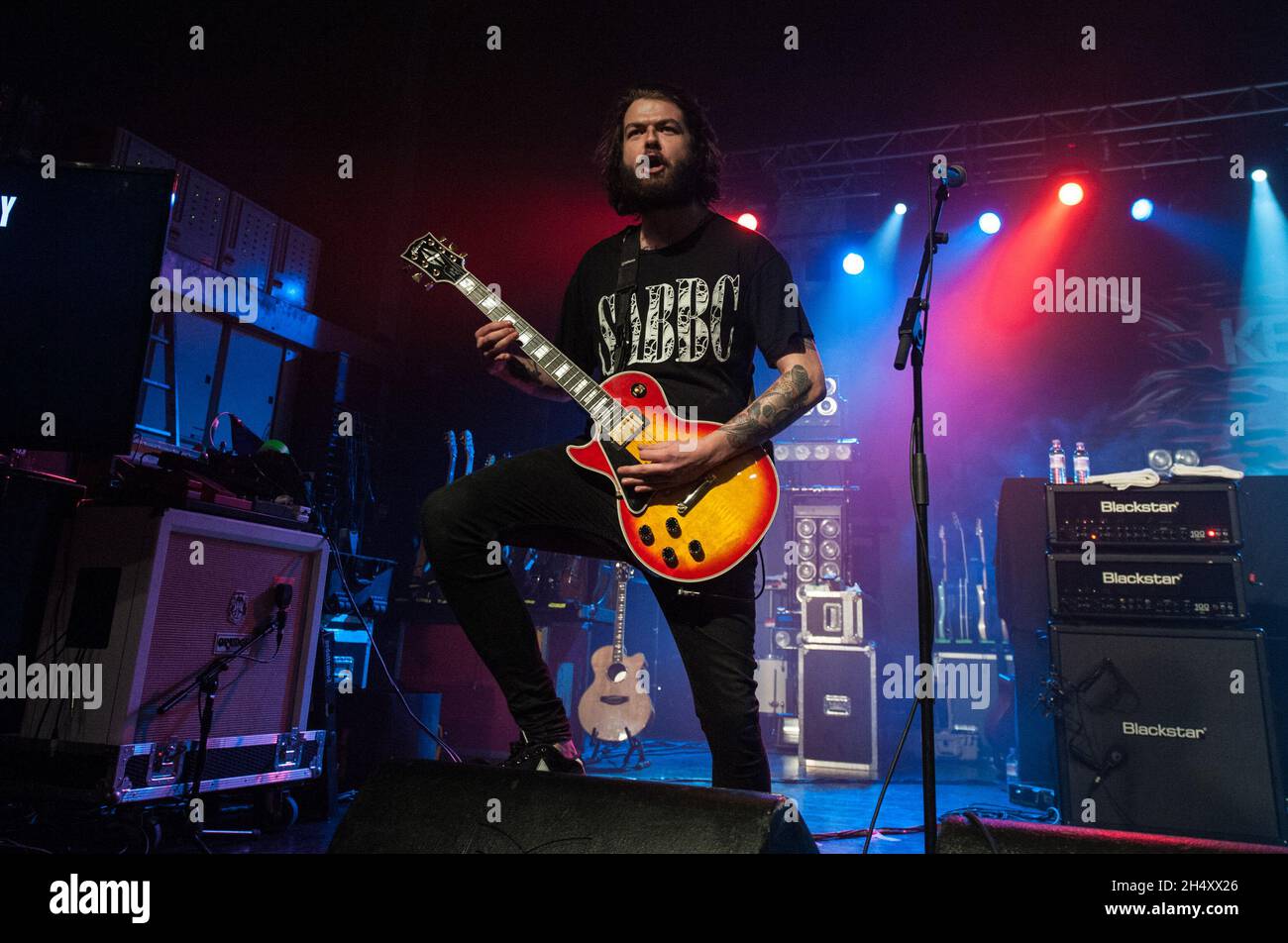 Davyd Winter-Bates of Bury Tomorrow live on stage during Kerrang Tour ...
