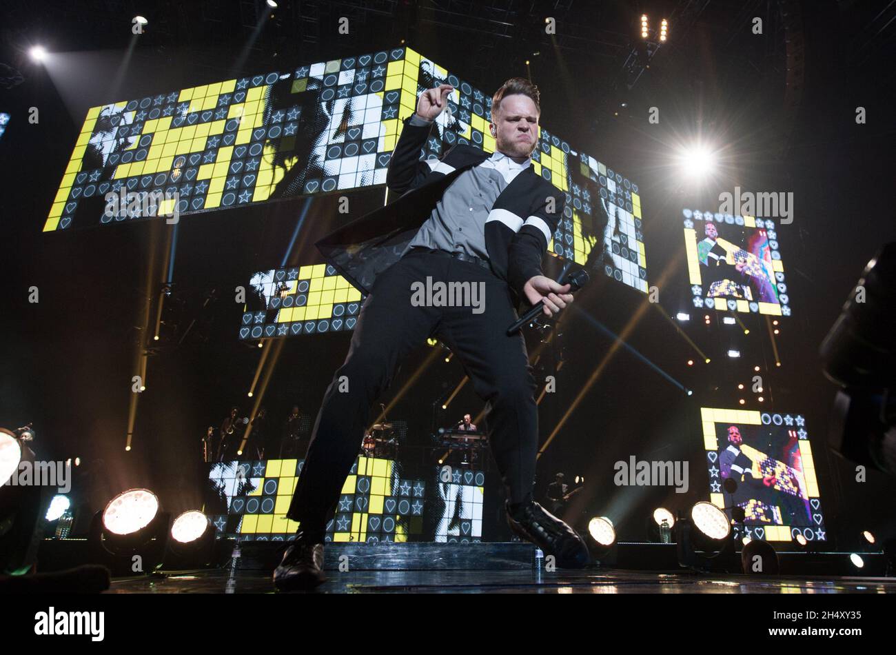 Olly Murs performing live on stage at Barclaycard Arena on April 26 ...