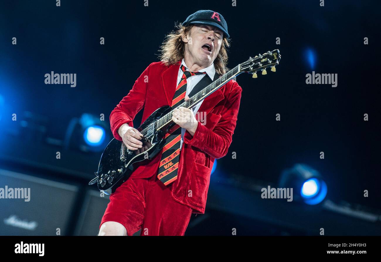 Angus Young of AC/DC performing live on stage at Wembley Stadium on ...