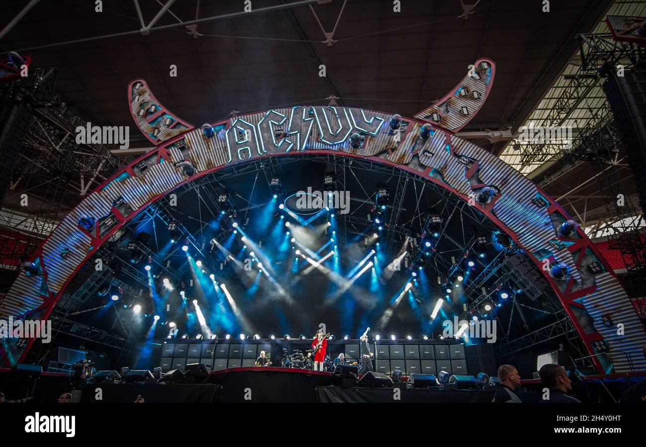 Angus Young of AC/DC performing live on stage at Wembley Stadium on ...