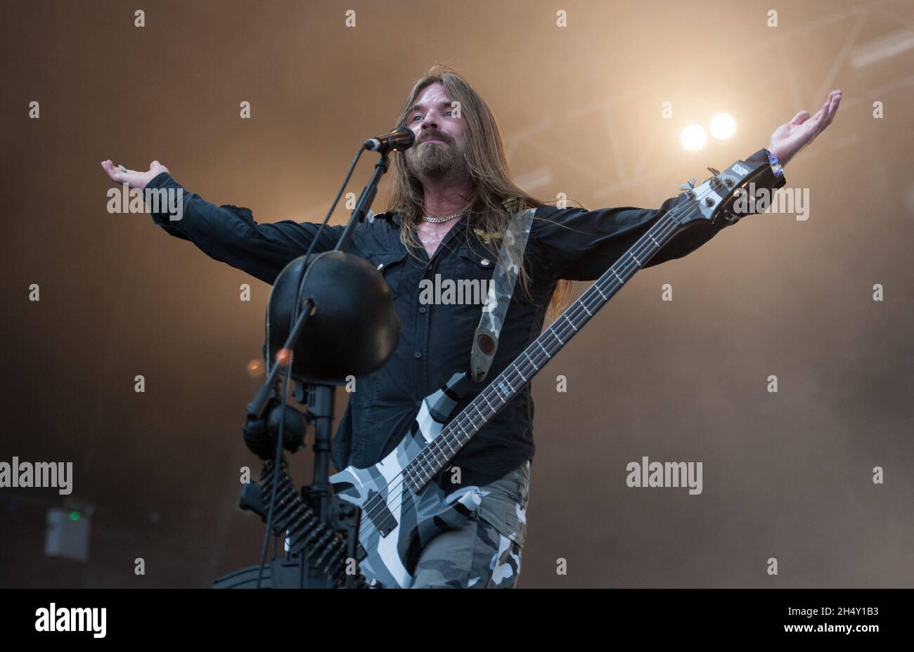 Par Sundstrom of Sabaton performing live on stage during Bloodstock ...