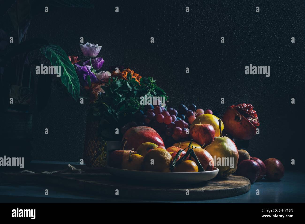 Dark baroque renaissance style still life photography of fruit and ...