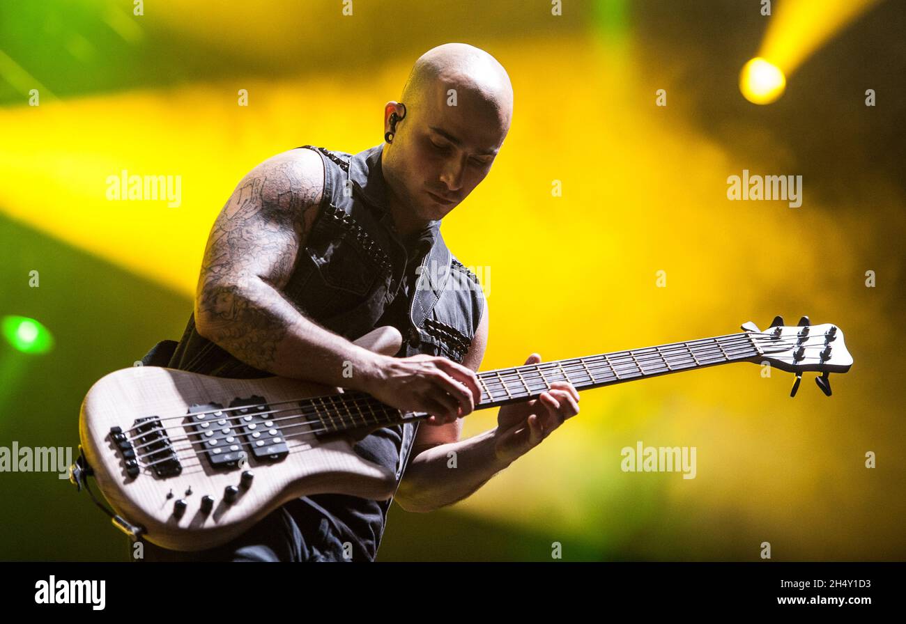 Paolo Gregoletto of Trivium performing live on stage during Bloodstock ...