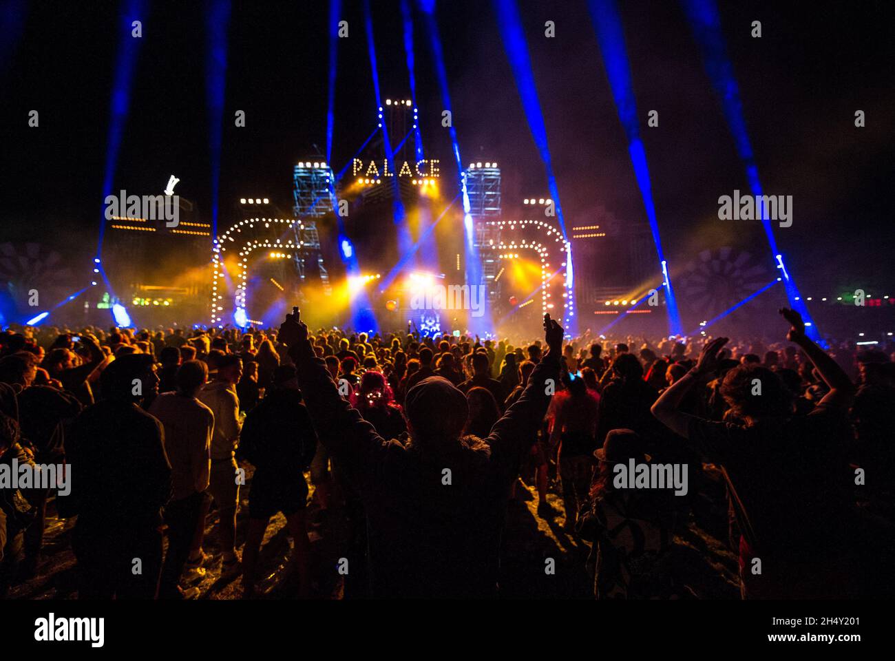 View of The Palace dance stage and arena with crowd dancing at Boomtwon ...