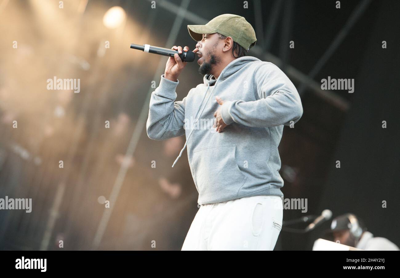 Kendrick Lamar performing live on stage on day 1 of Leeds Festival on ...